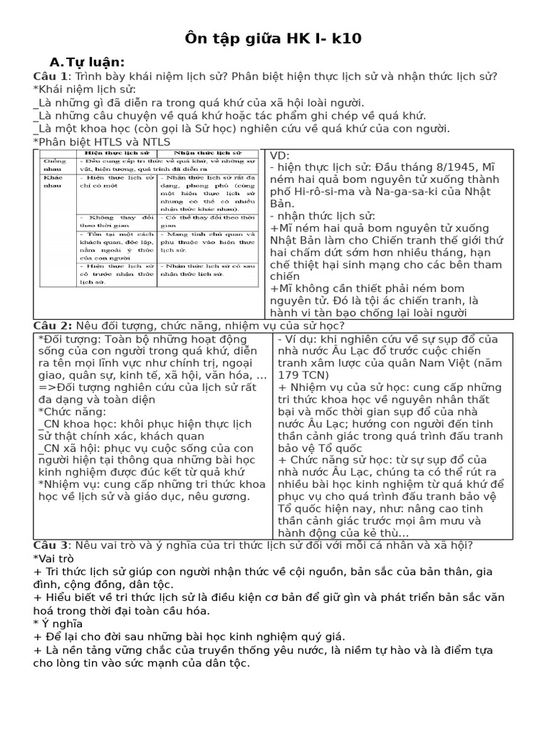 Ôn tập giữa HK I k10 2023 1 | PDF