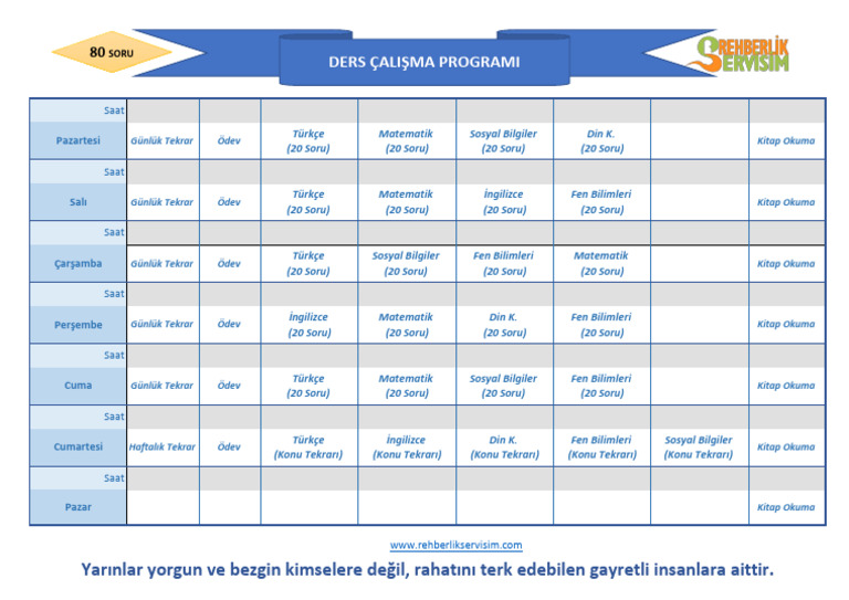5 6 7. SINIF GUNLUK DERS CALISMA PROGRAMI 80 Soru. | PDF