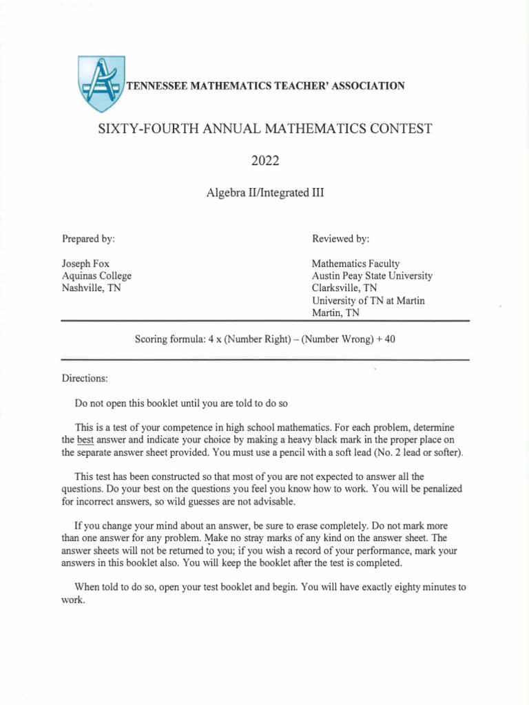 Sixty-Fourth Annual Mathematics Contest 2022: Algebra II/Integrated III ...