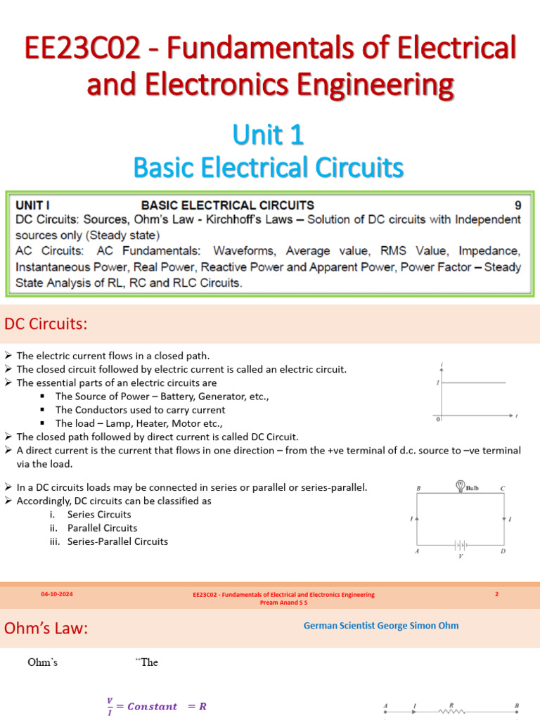 EE23C02 - Unit 1_DC Circuits | PDF