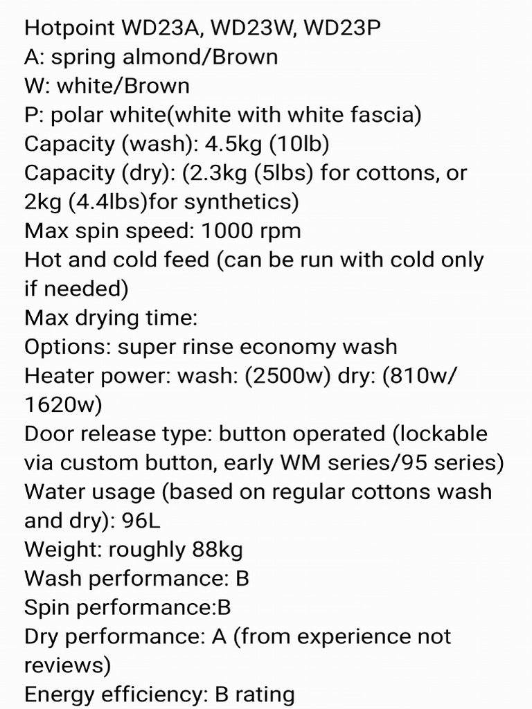 Hotpoint WD23 Specs | PDF