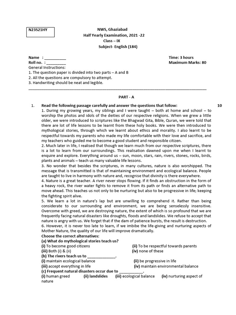 QP English Class 9 | PDF