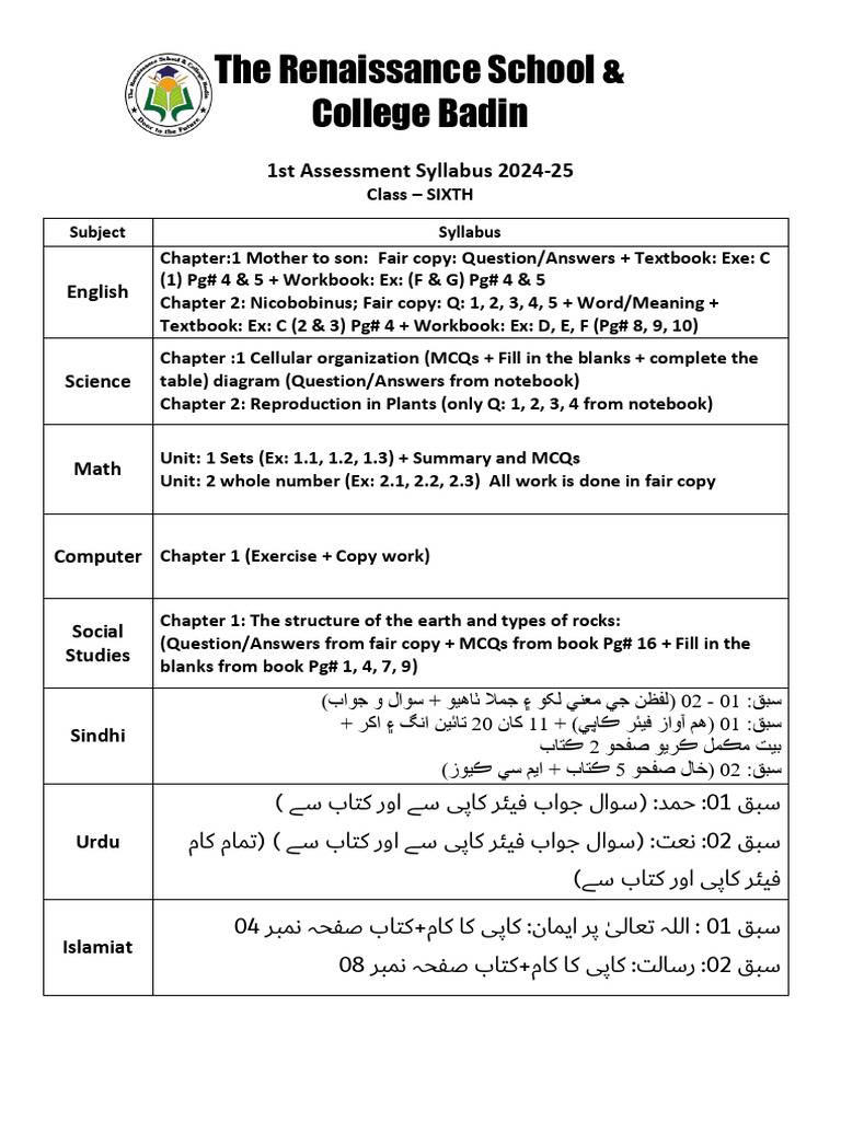Class VI 1st Assessment Syllabus | PDF