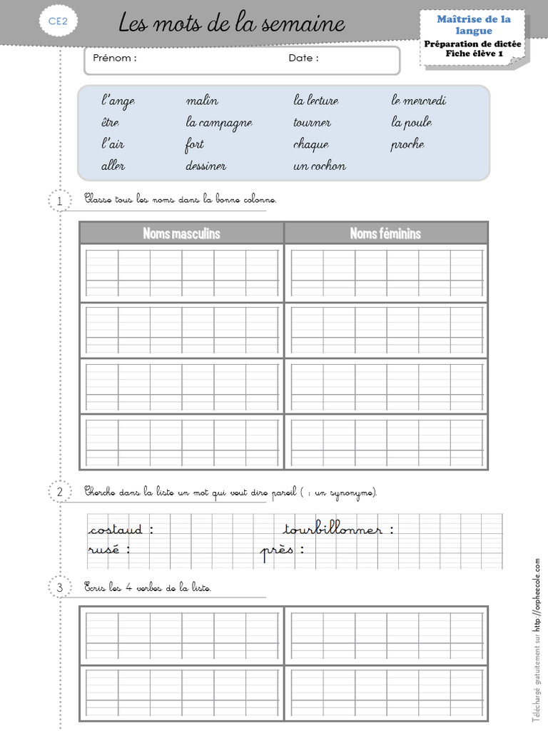 Frédérique Les Mots de La Semaine1 | PDF | Phrase | Verbe