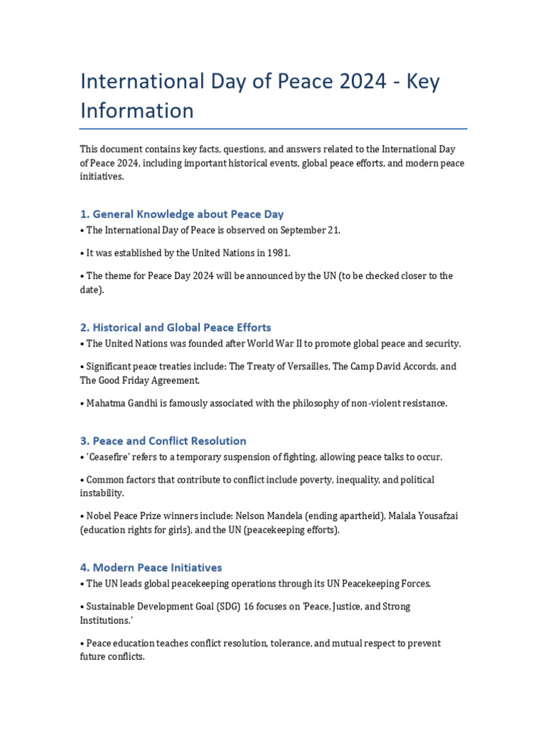 International Day of Peace 2024 Quiz Preparation | PDF