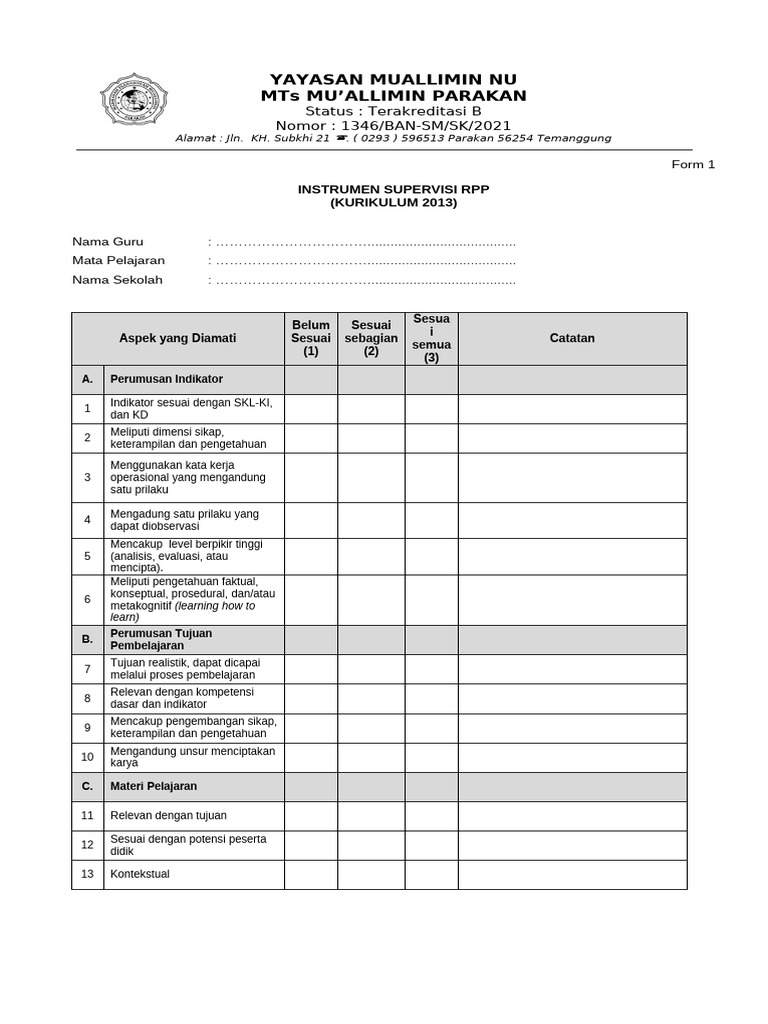 Instrumen Supervisi k13 1 | PDF