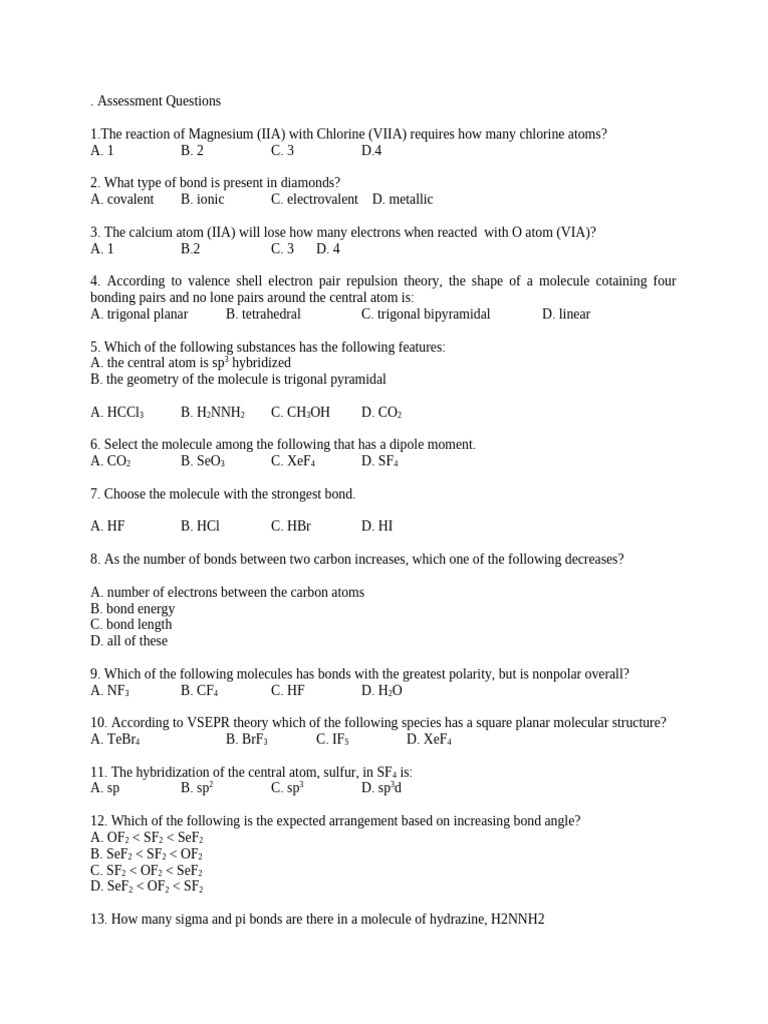Assessment Ionic and Covalent Bonding | PDF | Chemical Bond | Chemical ...
