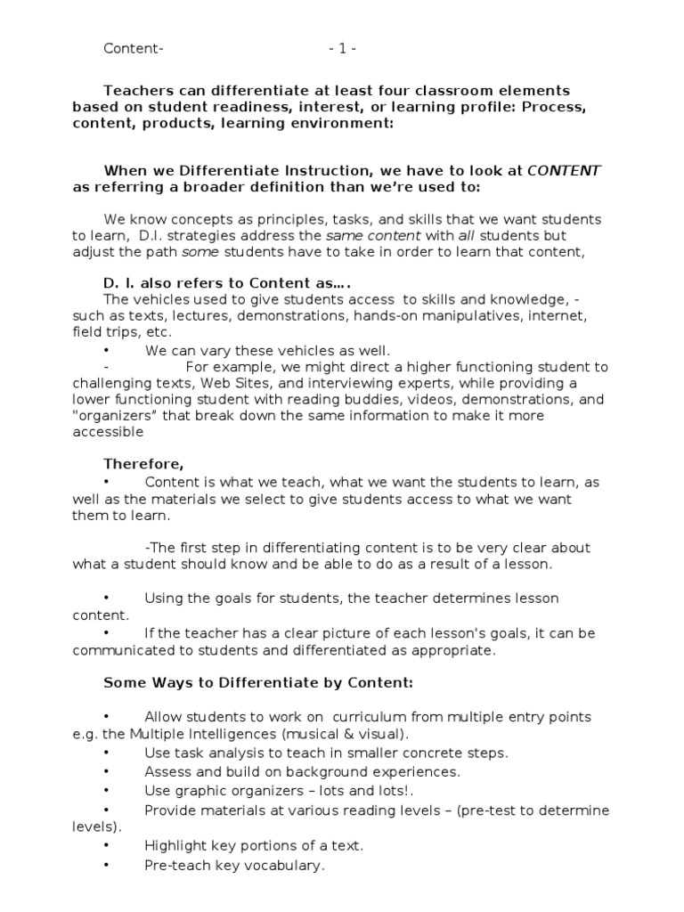 Differentiating in Content | PDF | Differentiated Instruction | Learning