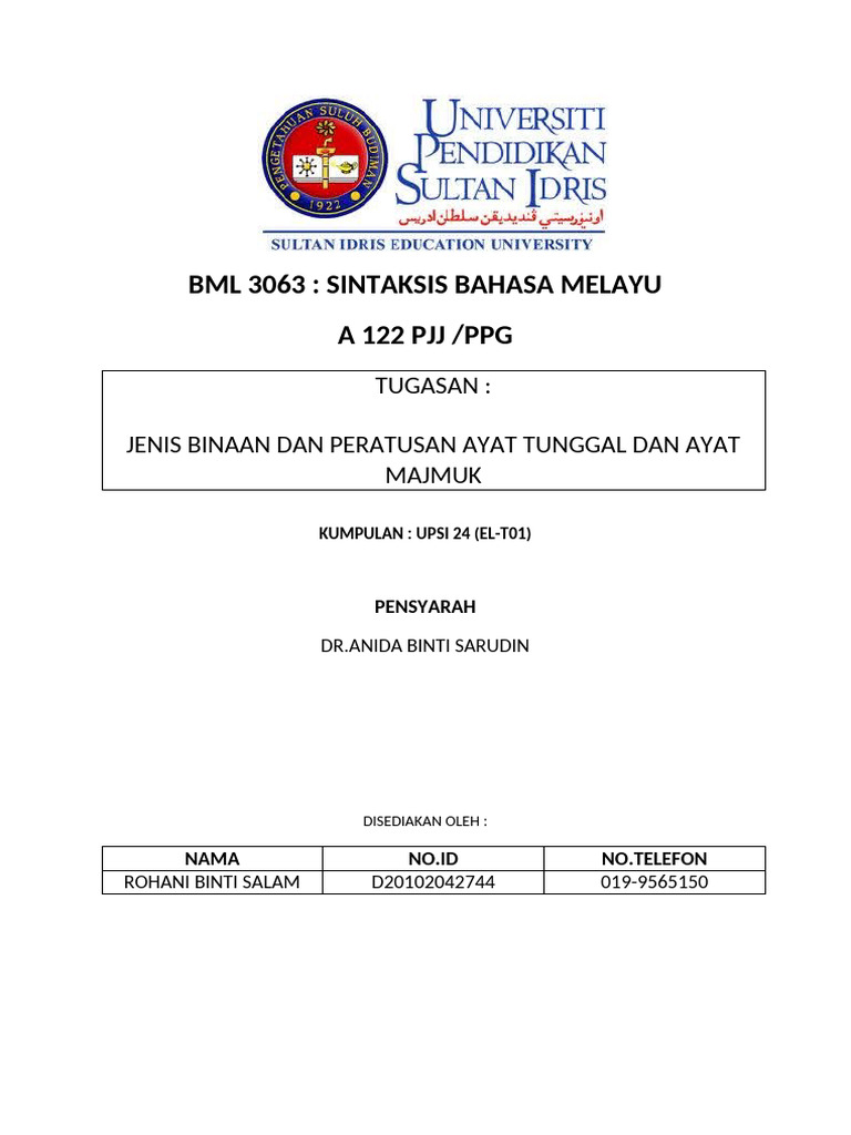 Tugasan BML 3063 Sintaksis BM Sem 5 | PDF