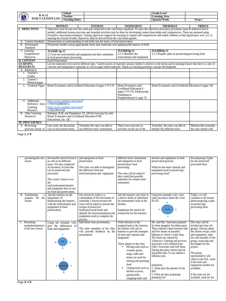Grade 6 DLL: Food Preservation Week 7 | PDF | Kitchen Utensil | Learning