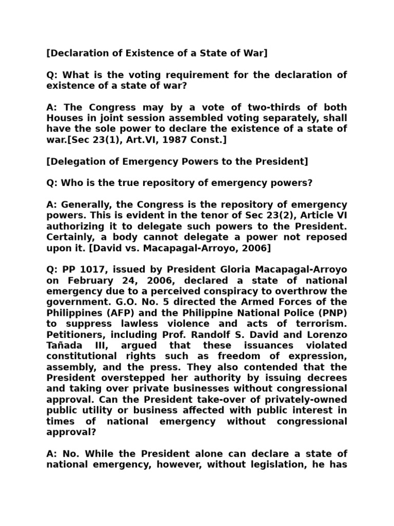 Declaration of Existence of a State of War | PDF