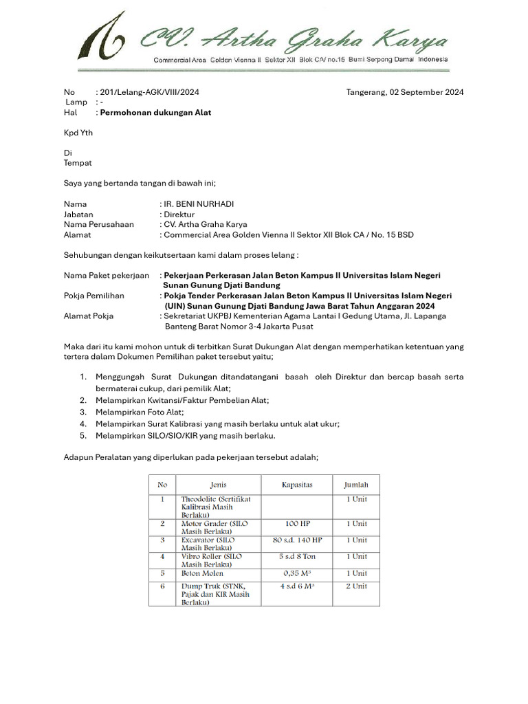 Permohonan Dukungan Alat AGK UIN | PDF