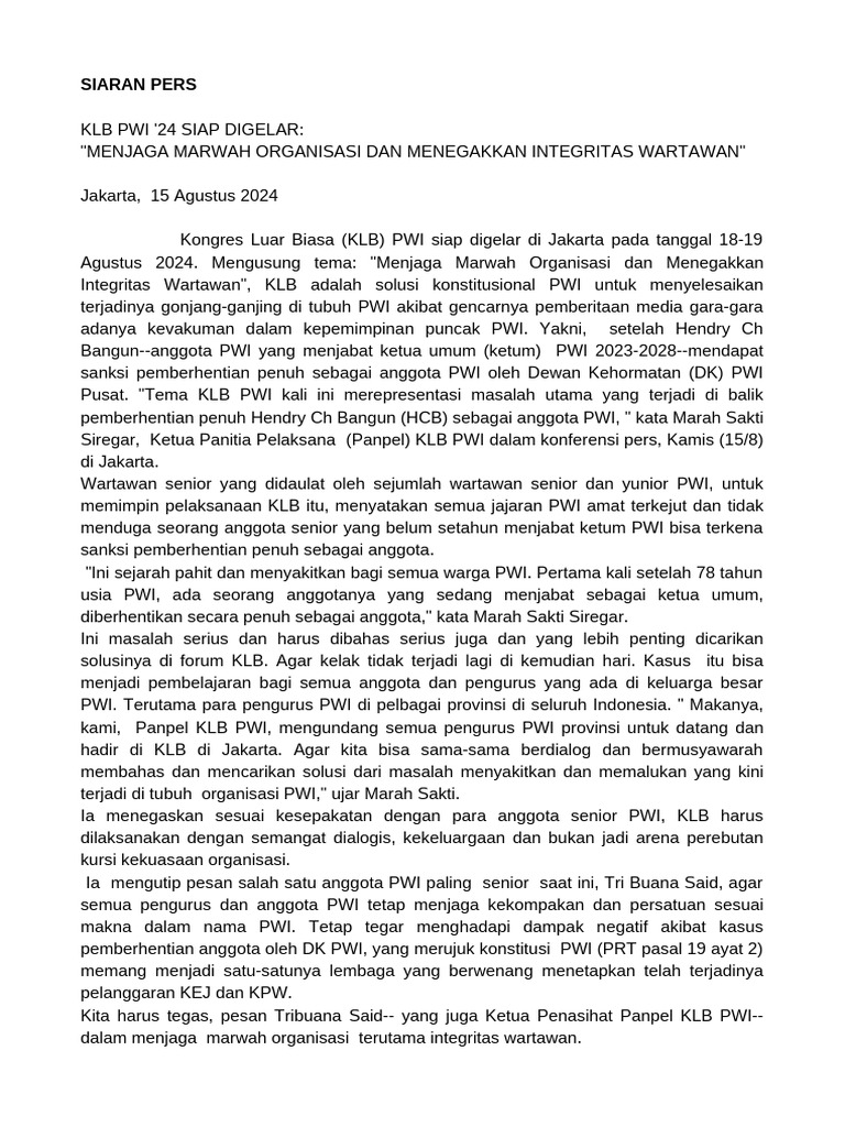 Siaran Pers KLB PWI '24 | PDF