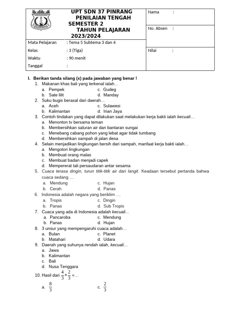 Soal PTS Kelas 3 Tema 5 Sub 3 Dan 4 Hari Ke-2 - Websiteedukasi - Com - 085448 | PDF