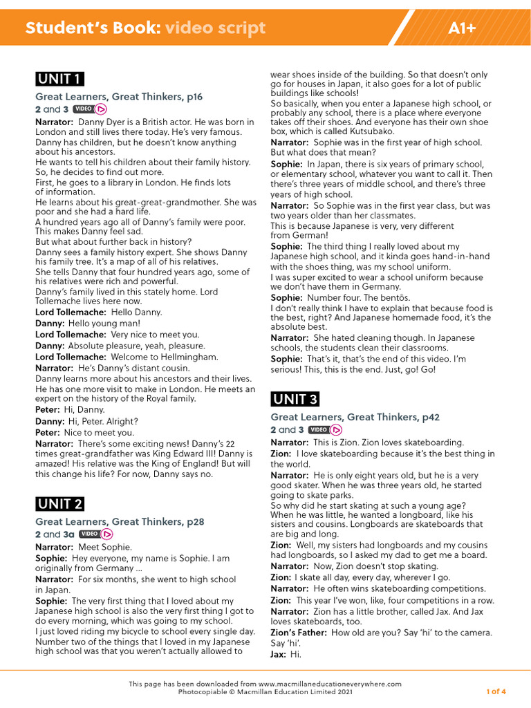 A1PLUS Great Learners Great Thinkers Videoscripts | PDF