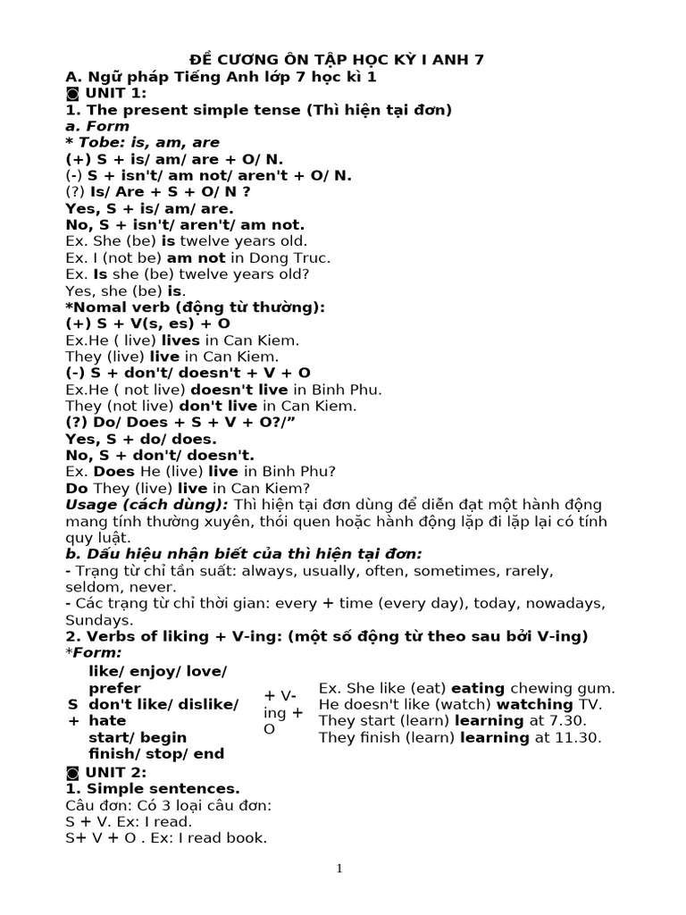 ĐỀ CƯƠNG ÔN TẬP HỌC KỲ I-ANH 7 | PDF