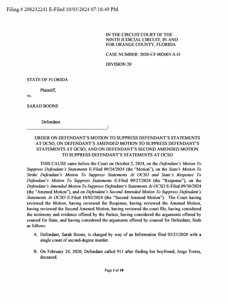 Sarah Boone - Order On Motion To Suppress Defendant's Statements at ...