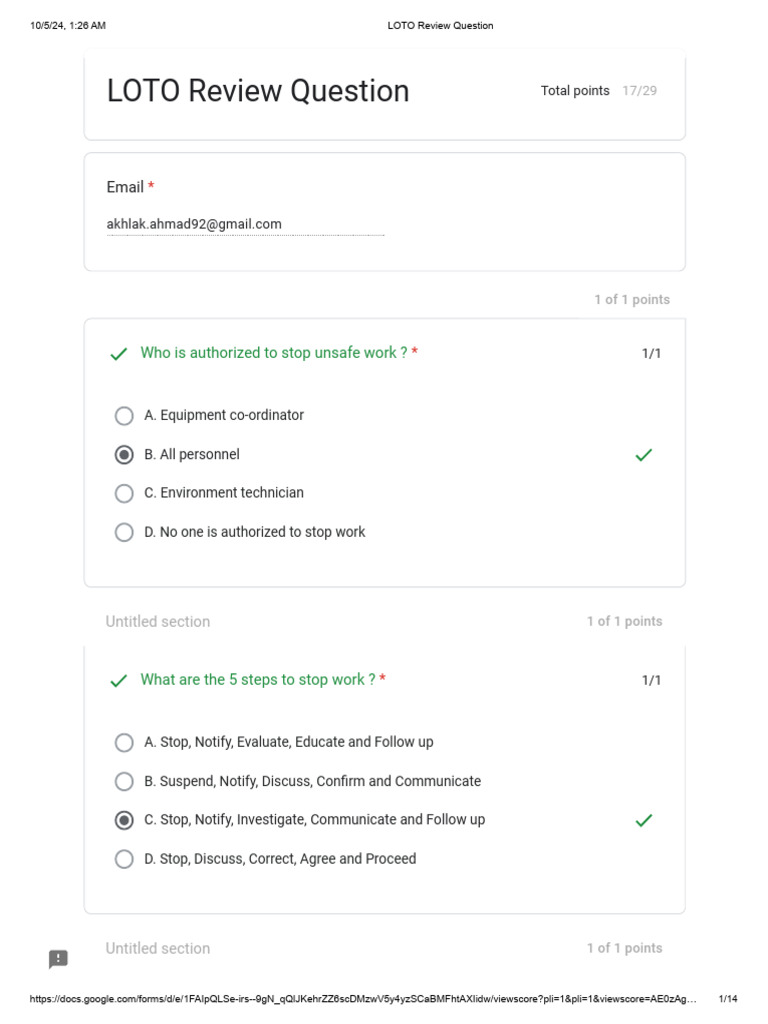 LOTO Review Question | PDF
