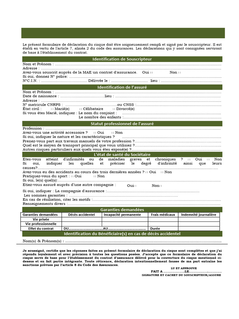 Formulaire de Declaration de Risque Assurance Individuelle Contre Les Accidents Corporels | PDF