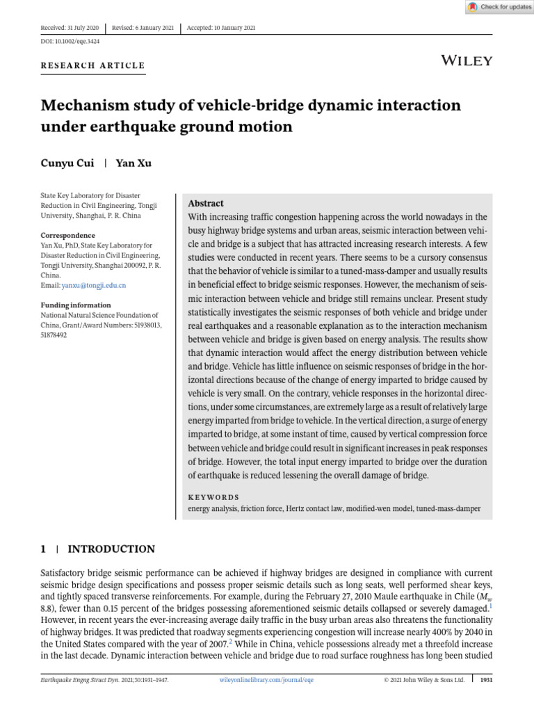 Earthq Engng Struct Dyn - 2021 - Cui - Mechanism Study of Vehicle Bridge Dynamic Interaction ...