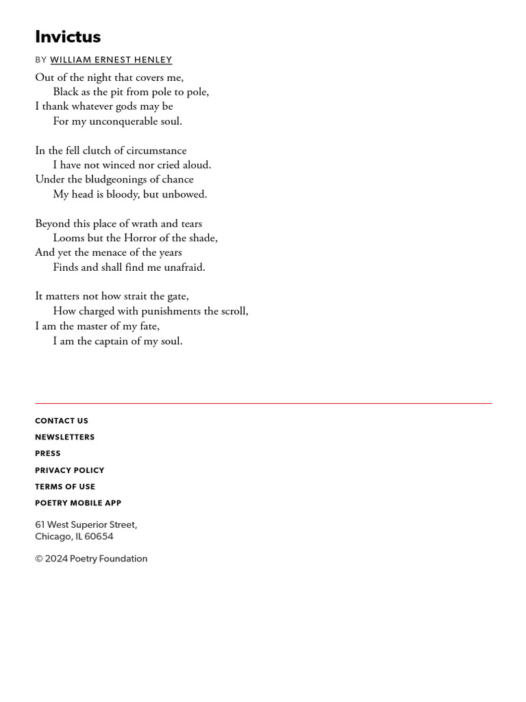 Invictus by William Ernest Henley - Poetry Foundation | PDF