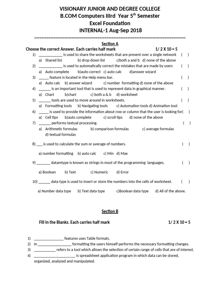 Excel Foundation Internal 1 | PDF