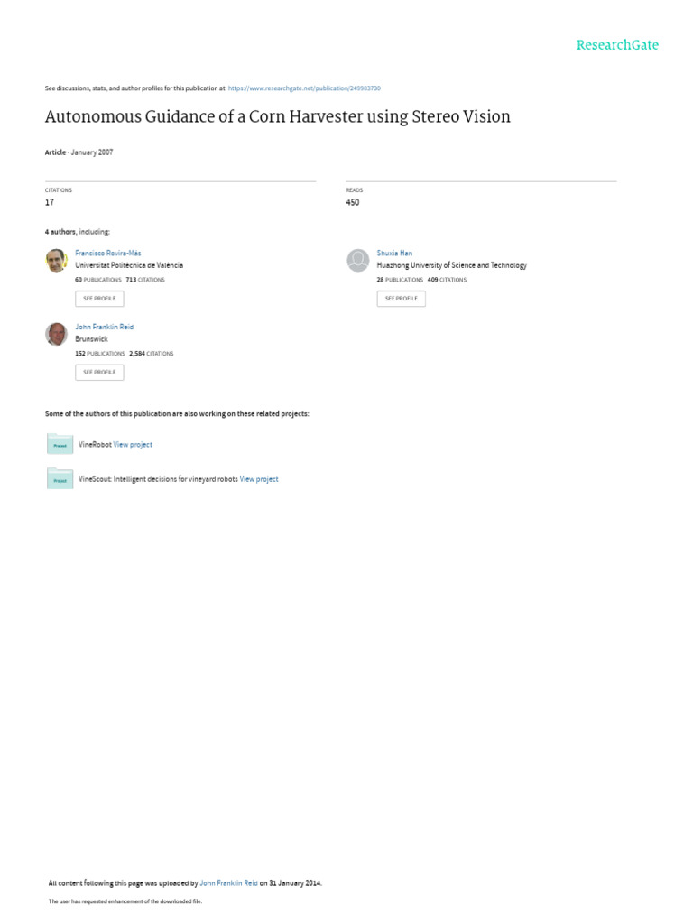 Autonomous Guidance of A Corn Harvester Using Ster | PDF
