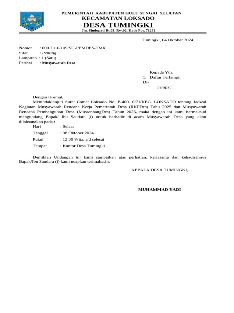 Undangan Musdes RKPDes 2024 | PDF