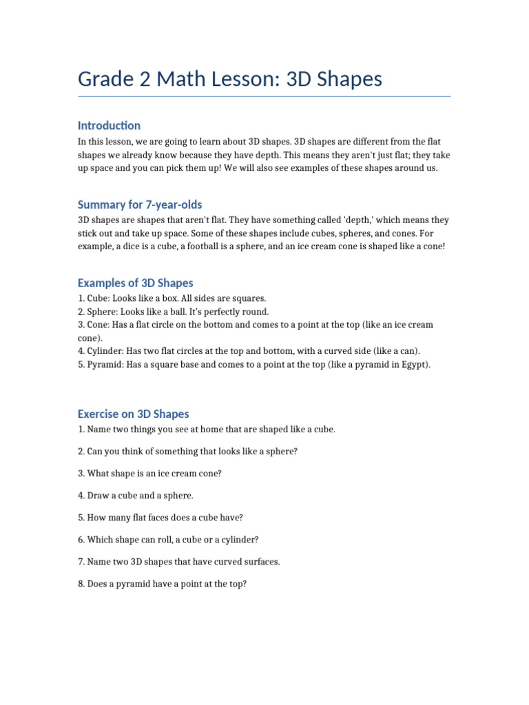 Grade 2 Math Lesson 3D Shapes | PDF