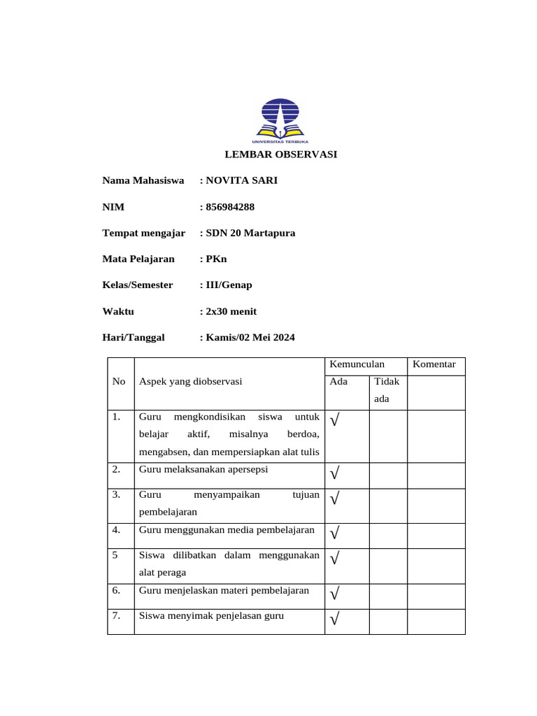 4 Ulembar Observasi Novita Sari | PDF