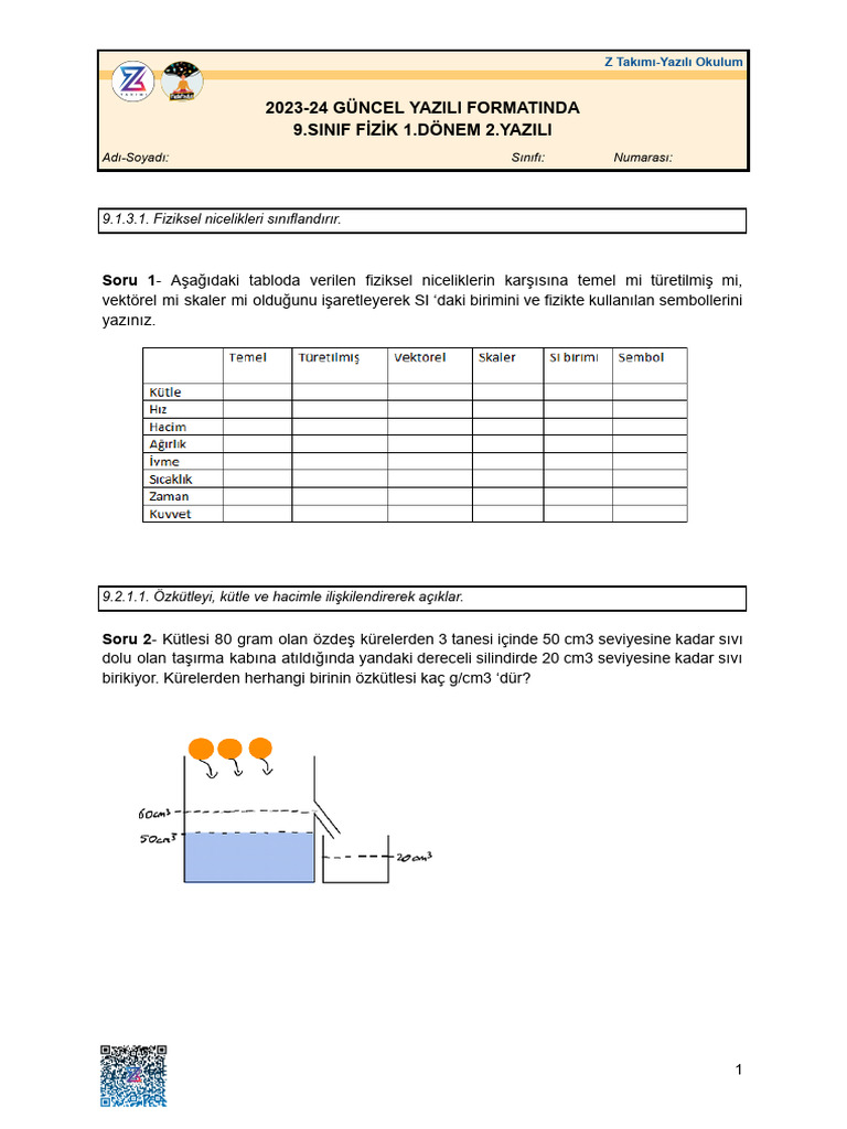 9 Sinif-Fizik-1 Donem-2 Yazili | PDF