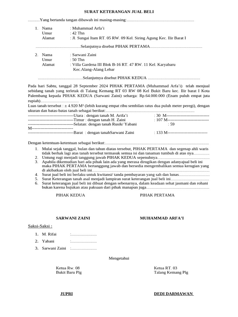 Surat Jual Beli Tanah TLG Kemang | PDF
