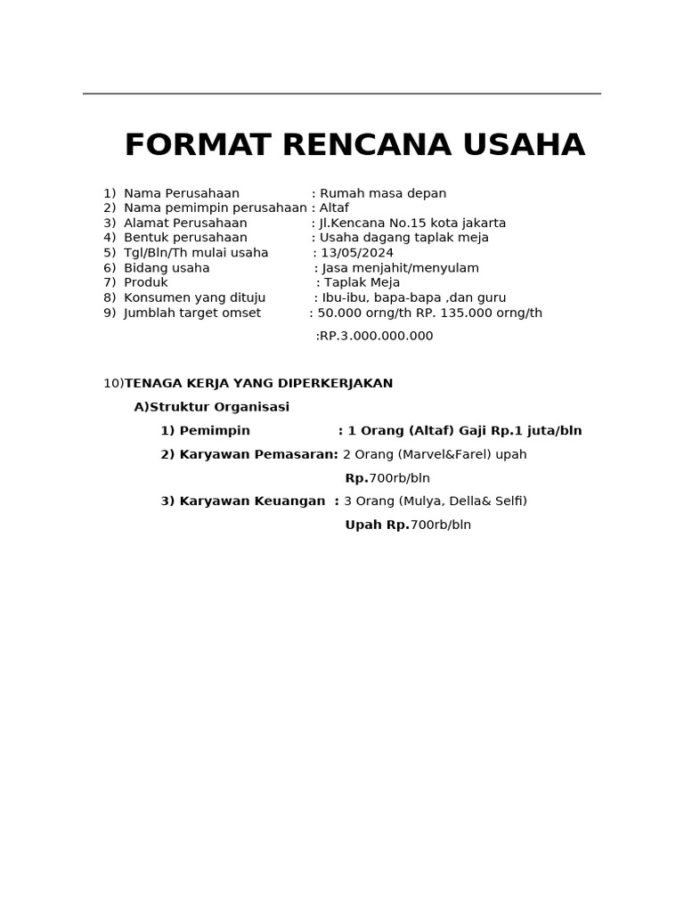 Format Rencana Usaha | PDF