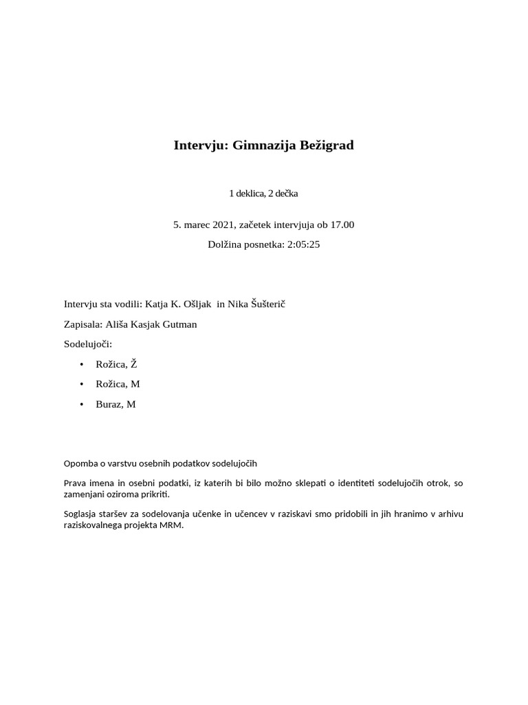 Transkript Gimnazija Bezigrad Trojka 5marec2021 Pilotni Intervju | PDF