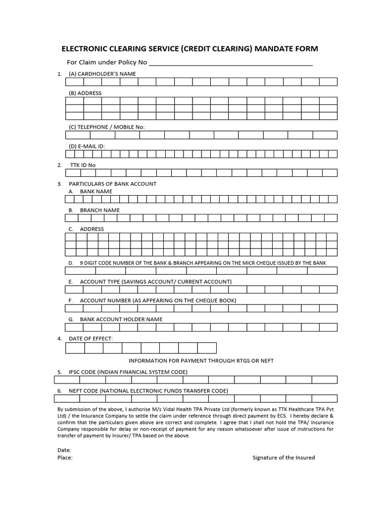 GMC Reimbursement Claim Form ECS Mandate | PDF