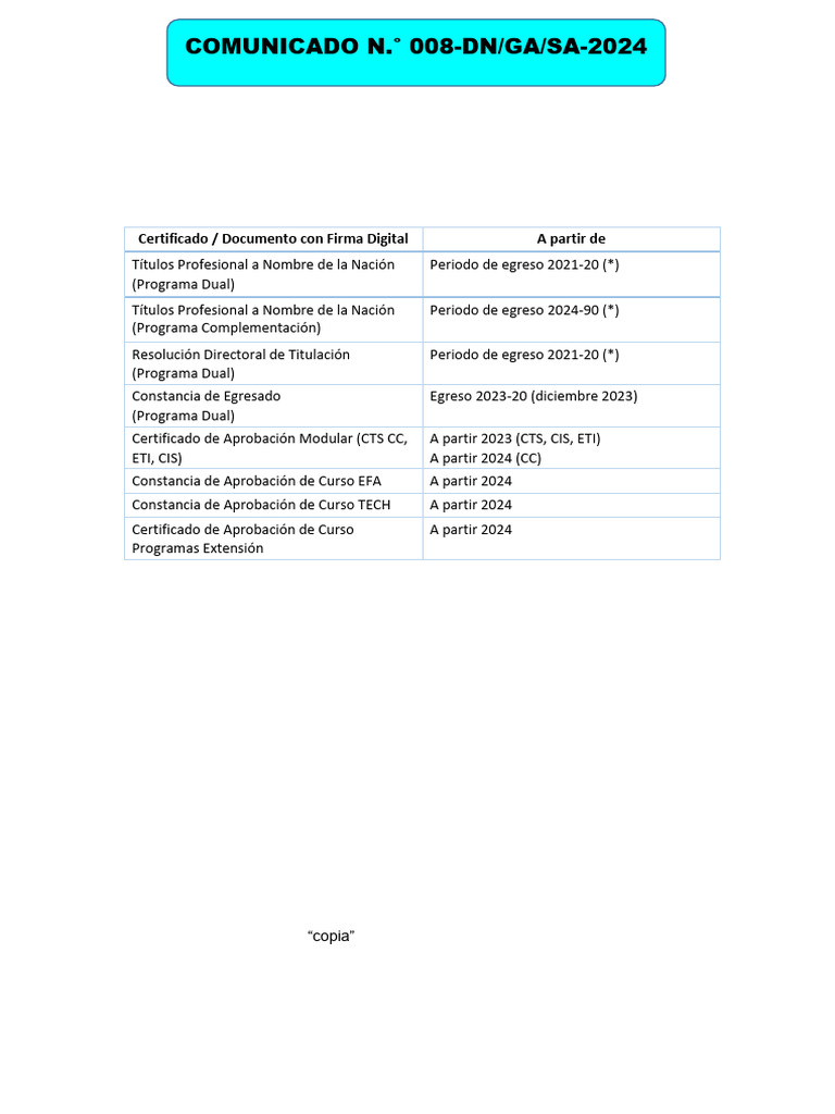 2024 Comunicado 008 Sa Firmadigital Nuevos Documentos | PDF