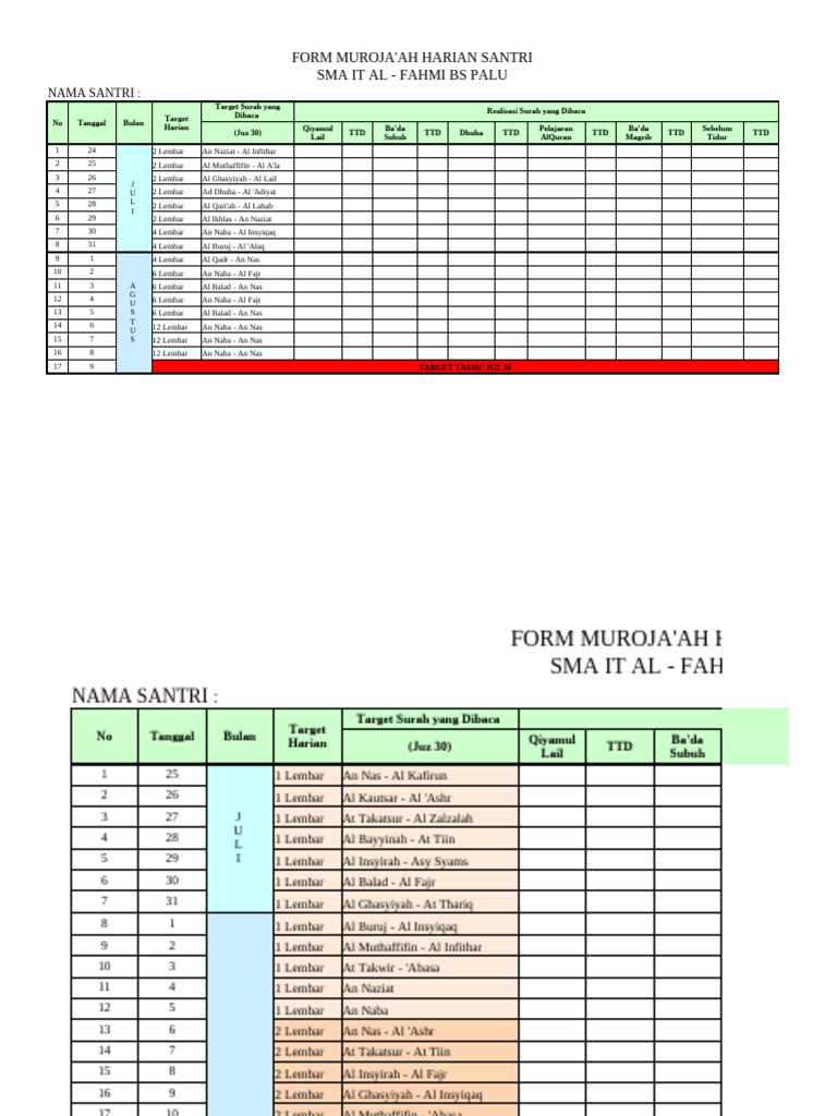 Form Murojaah Harian Santri | PDF