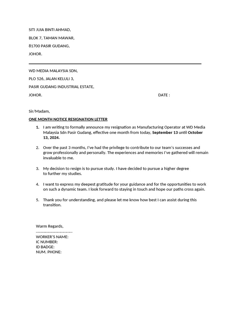 One Month Resignation Letter | PDF
