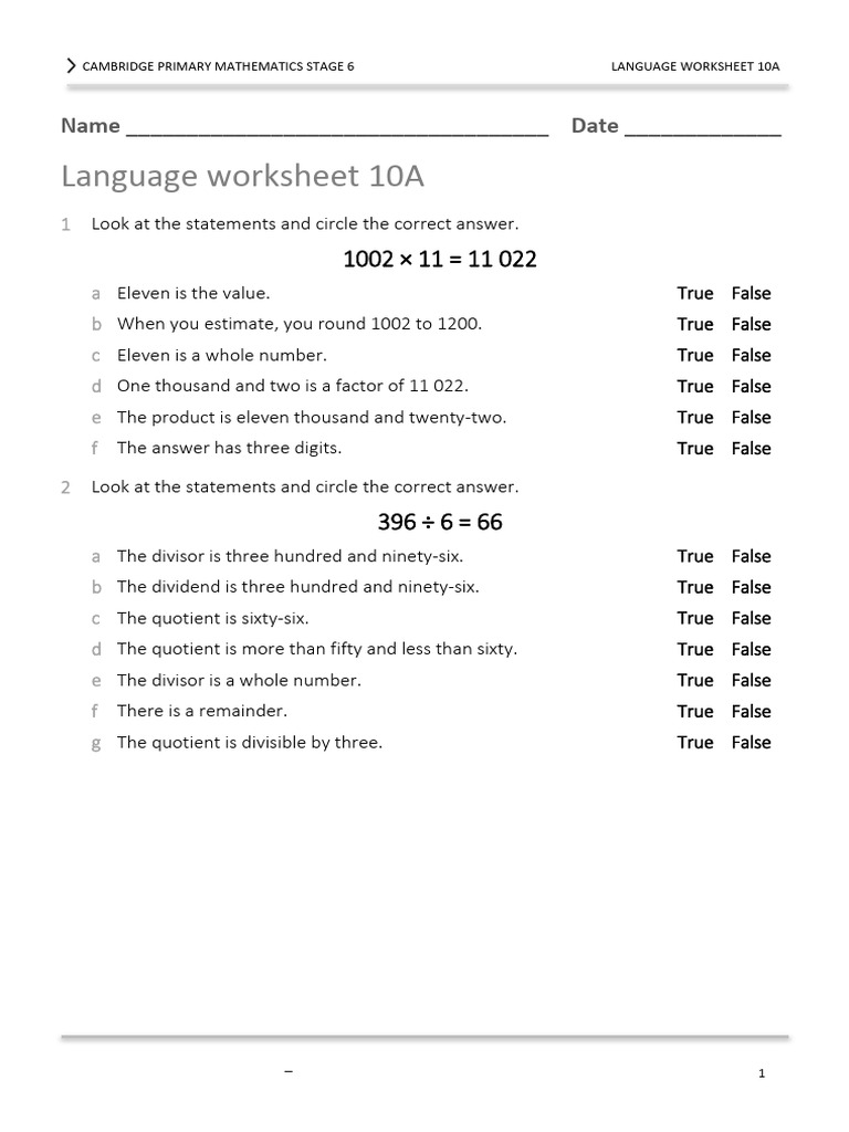 Multiplication and Division (1) Prim Maths 6 2ed TR Lang Ws 10a.1 | PDF