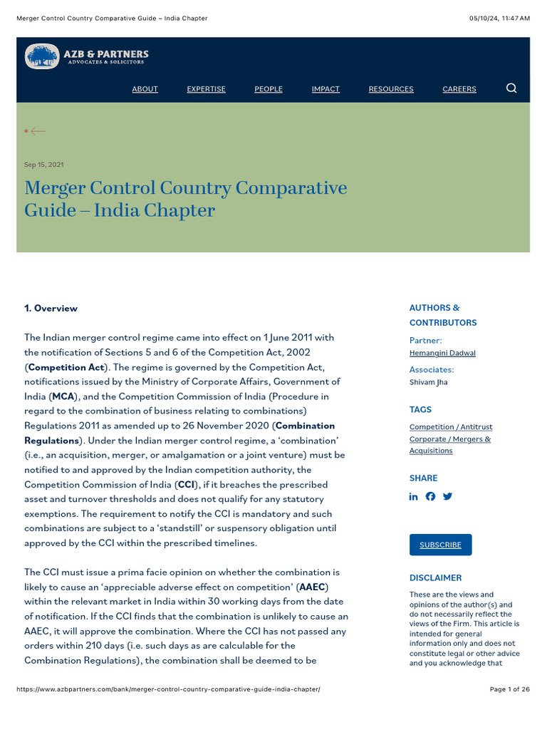 Merger Control Country Comparative Guide - India Chapter | PDF