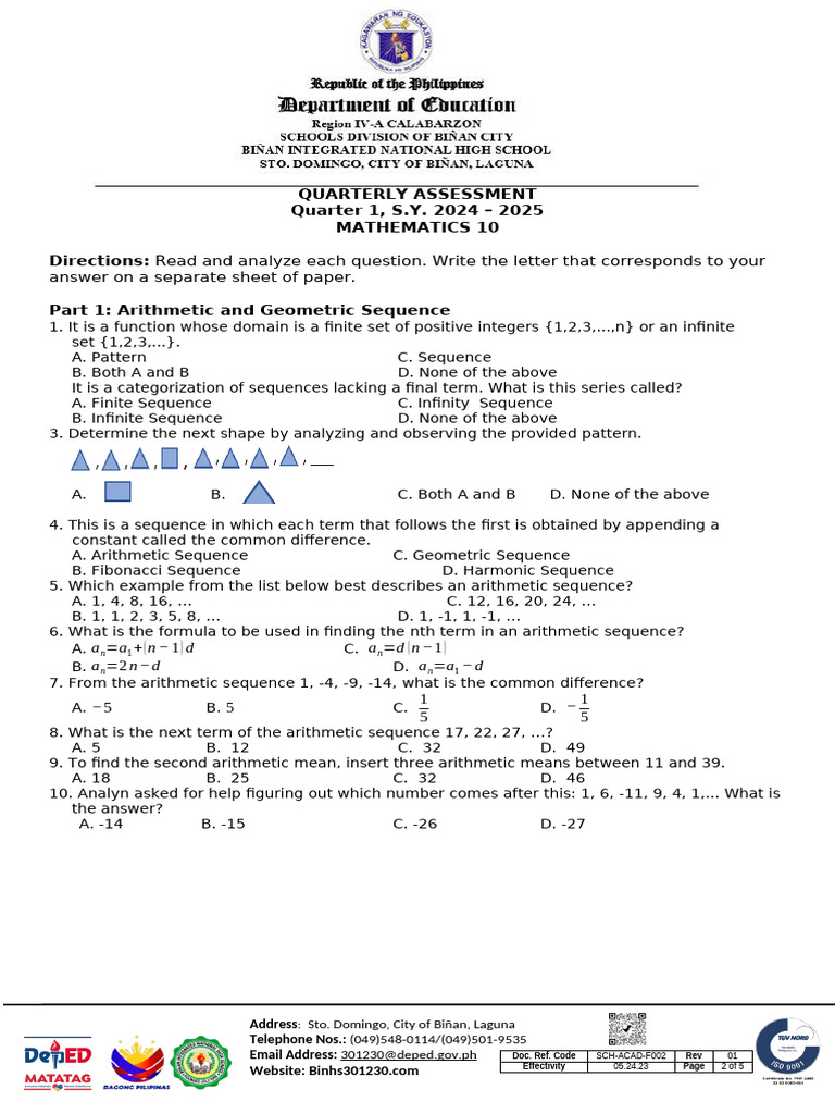 Math 10 Quarter 1 Long Test | PDF
