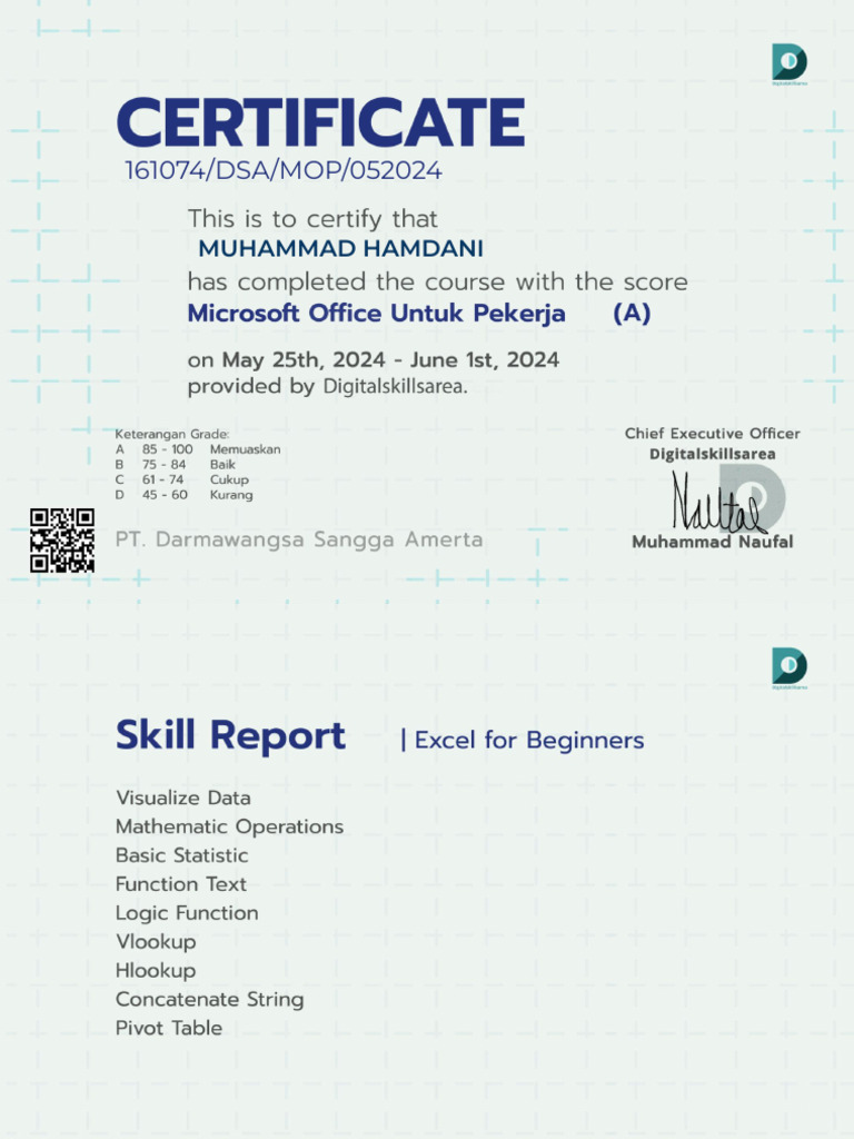 Sertifikat Shortcourse Microsoft Office MUHAMMAD HAMDANI | PDF