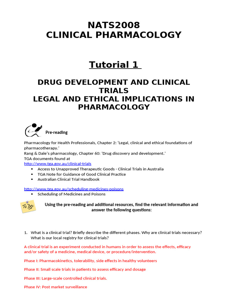 Week 1 Clinical Pharmacology (NATS2008) Tutorial 1 Worksheet - Answers ...