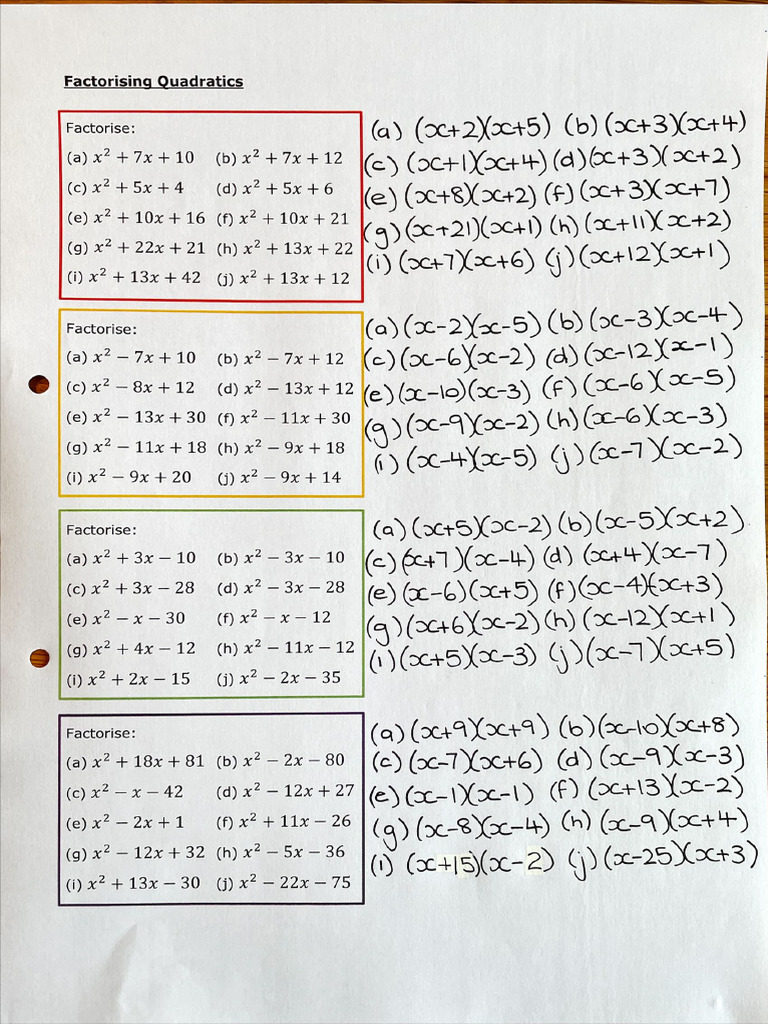Factorising Quadratics Practice Strips Answers | PDF