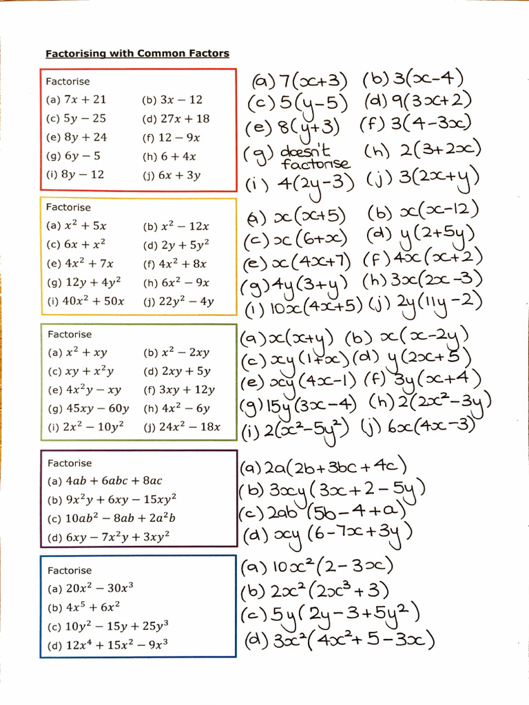 Factorising With Common Factors Practice Strips Answers | PDF