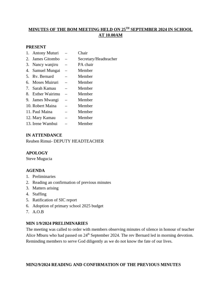 Minutes Of The Bom Meeting Held On 25th September 2024 In School At 10