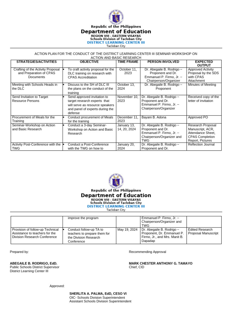 Action Plan For The Conduct of The District Learning Center Iii Seminar ...