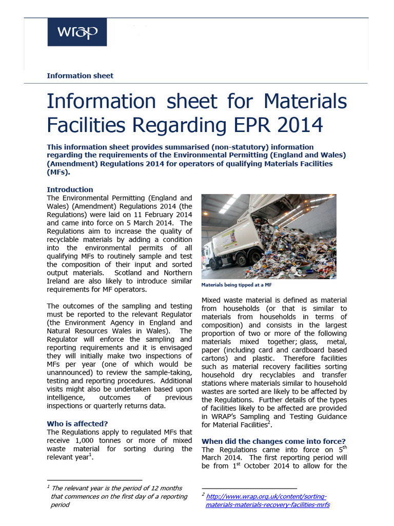 WRAP-Materials Facilities Regulations Information Sheet | PDF
