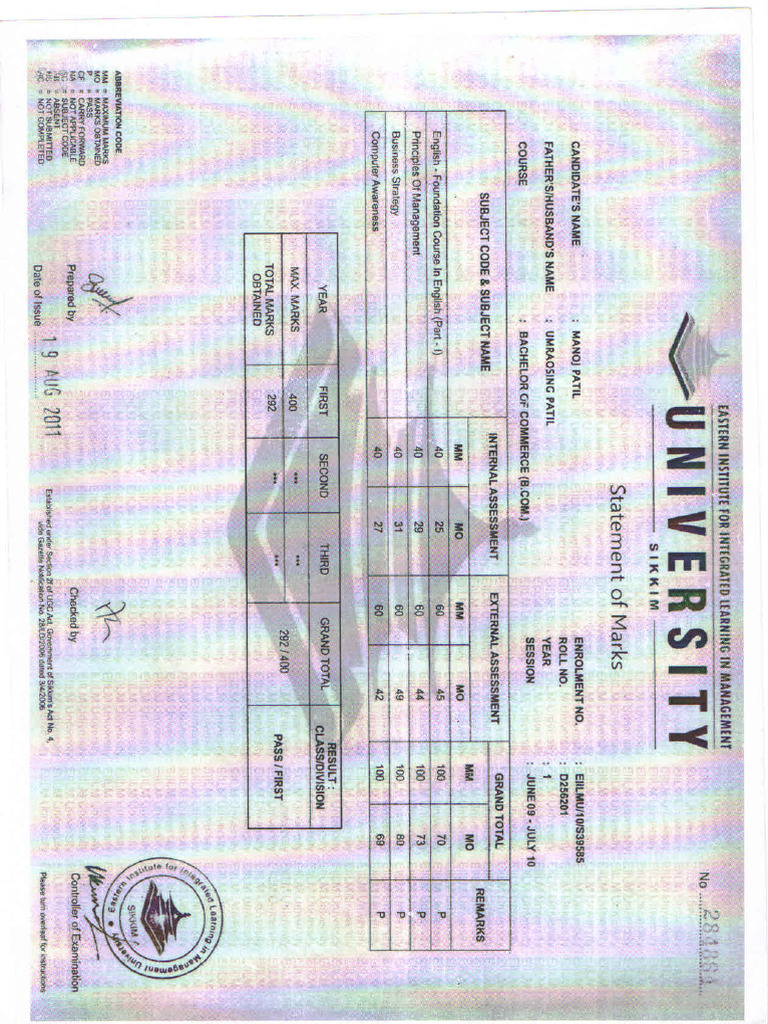Bcom Marksheet 1st Yrs | PDF