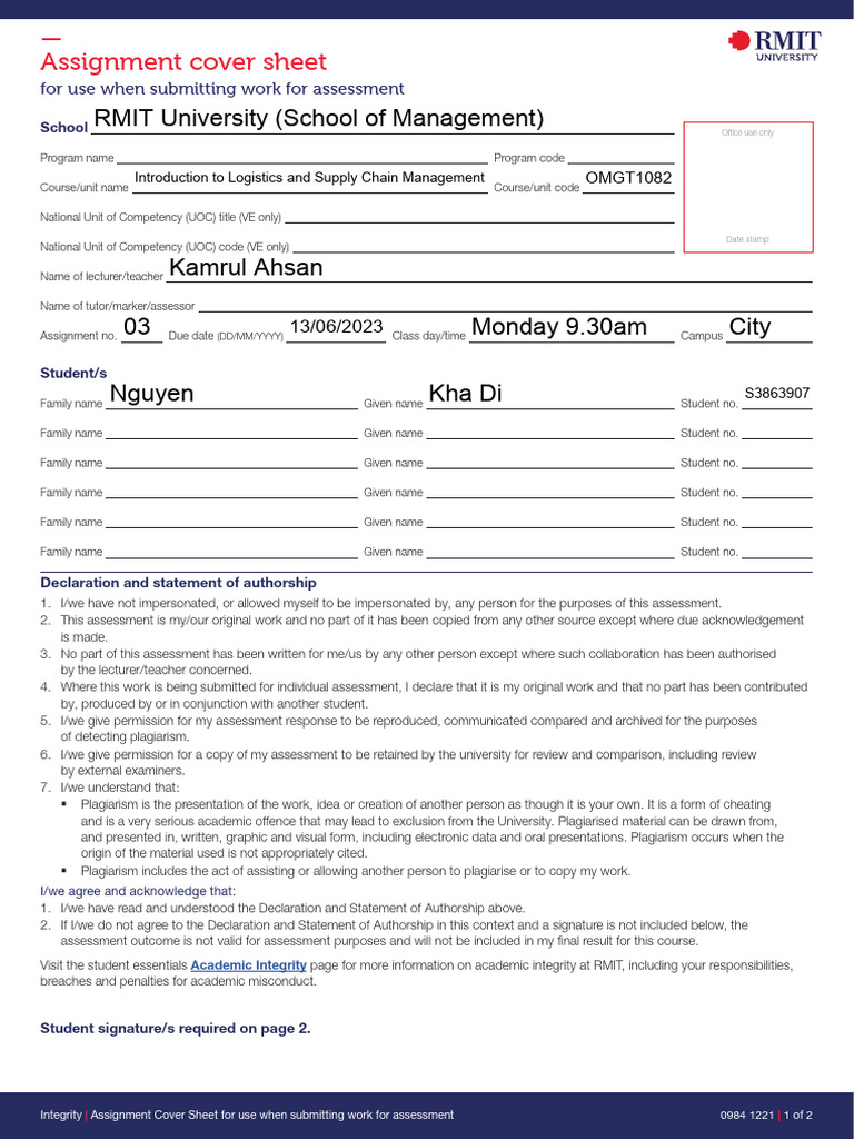 Assignment Cover Sheet | PDF | Plagiarism | Academic Integrity